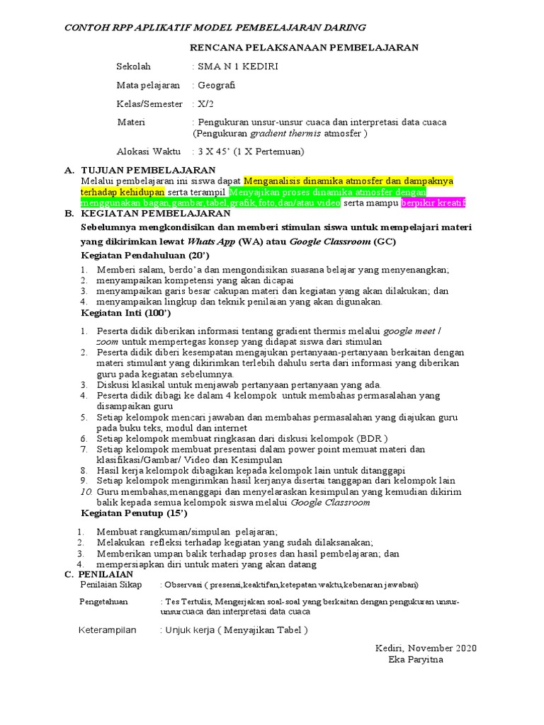 CONTOH RPP APLIKATIF MODEL PEMBELAJARAN DARING DAN SOAL HOTS AKM EKA ...