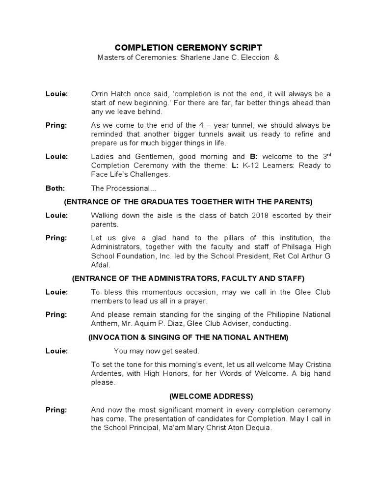Completion Ceremony Script: Louie | PDF