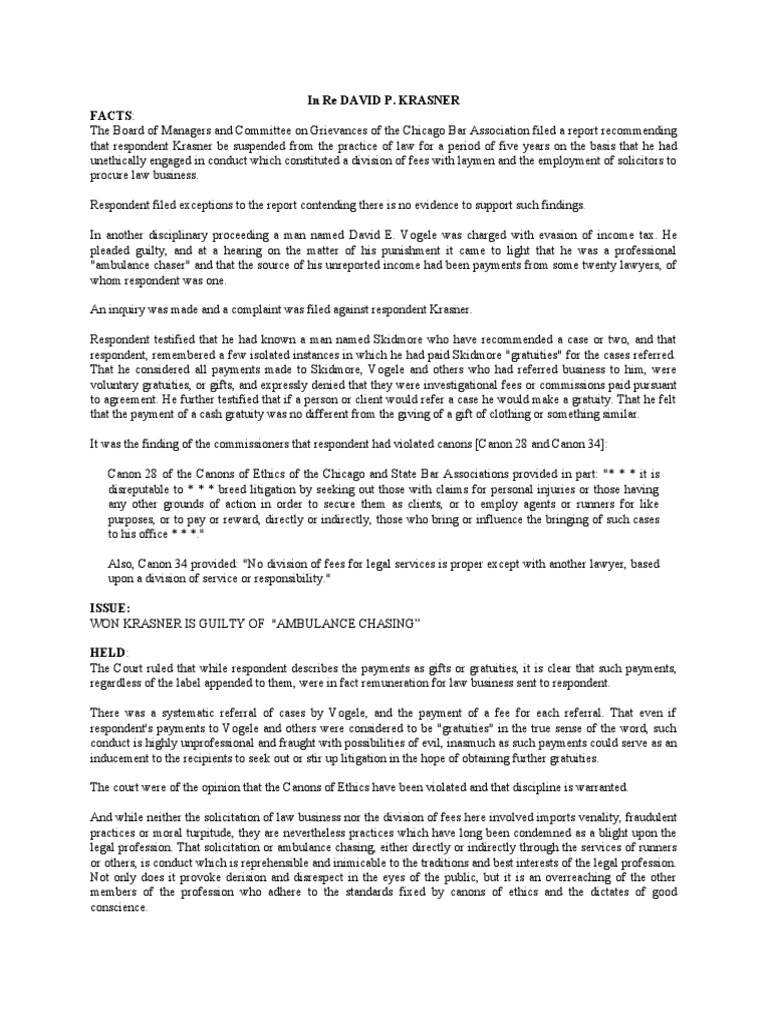 In Re David P. Krasner Facts | PDF | Gratuity | Lawyer