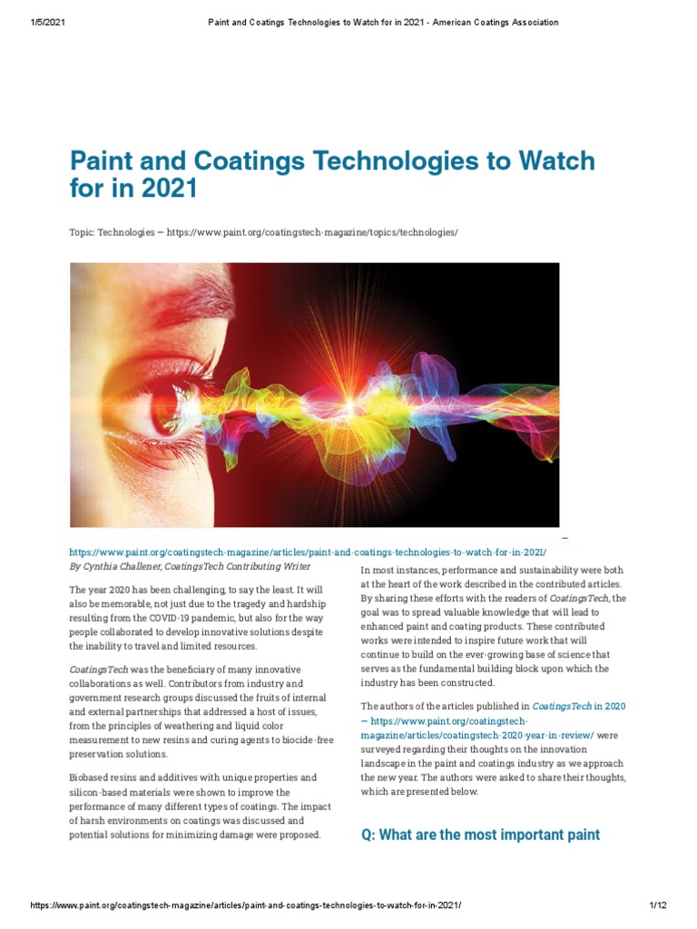 Paint and Coatings Technologies To Watch For in 2021: Q: What Are The ...