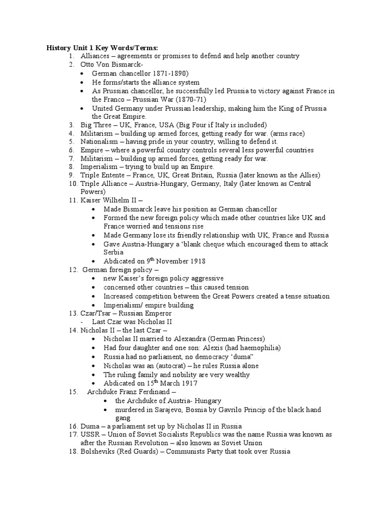 Key Terms in World War I History | PDF | German Empire | Nicholas Ii Of ...