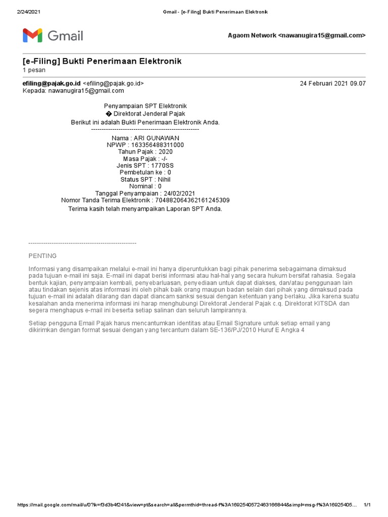 Ari Gunawan - (E-Filing) Bukti Penerimaan Elektronik | PDF