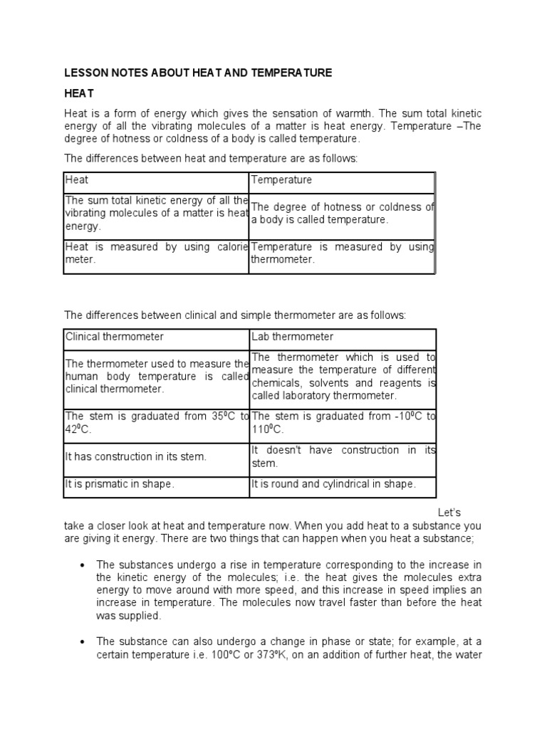 Lesson Notes About Heat and Temperature | PDF | Temperature | Heat