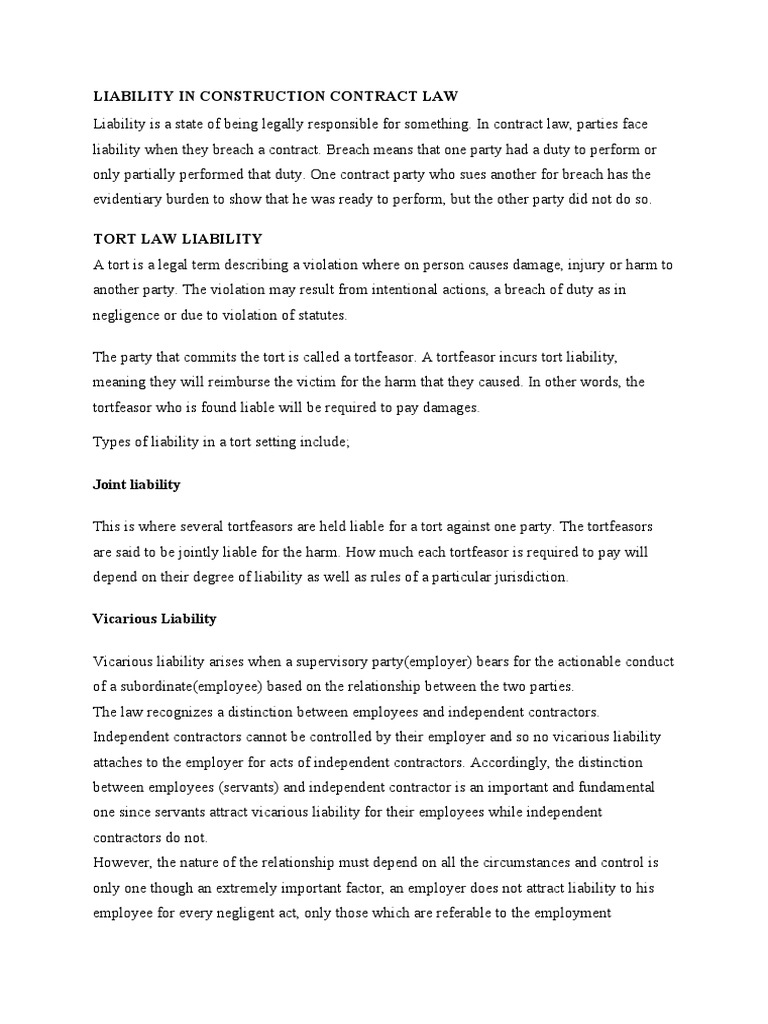 Liability in Construction Contracts | PDF | Indemnity | Tort