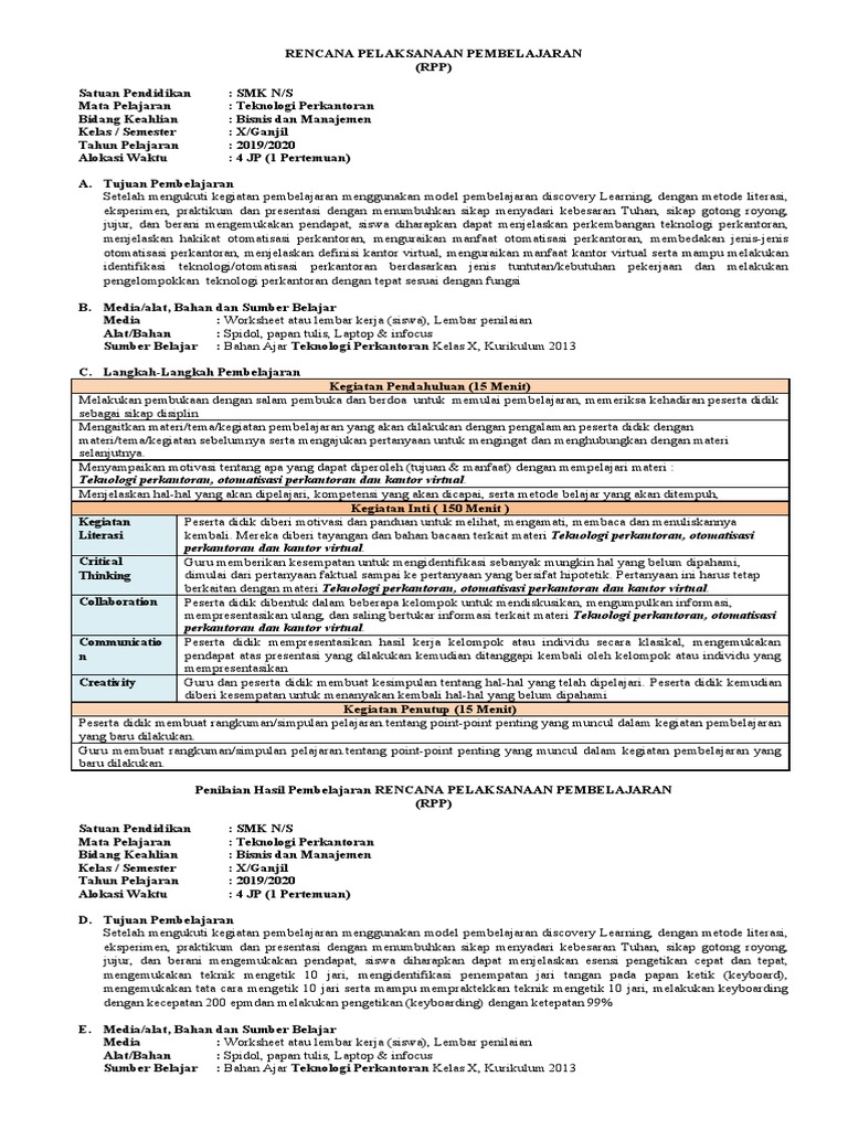 RPP Teknologi Perkantoran Kelas X | PDF | Komputer