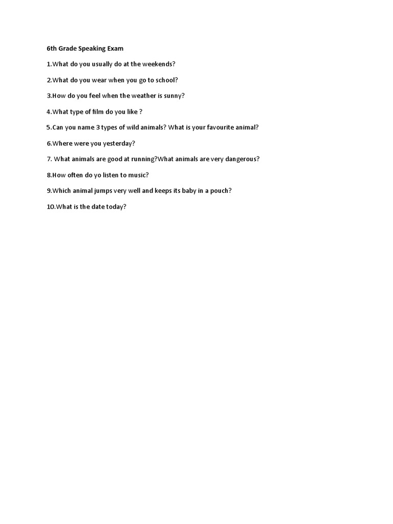 6th Grade Speaking Exam Questions | PDF