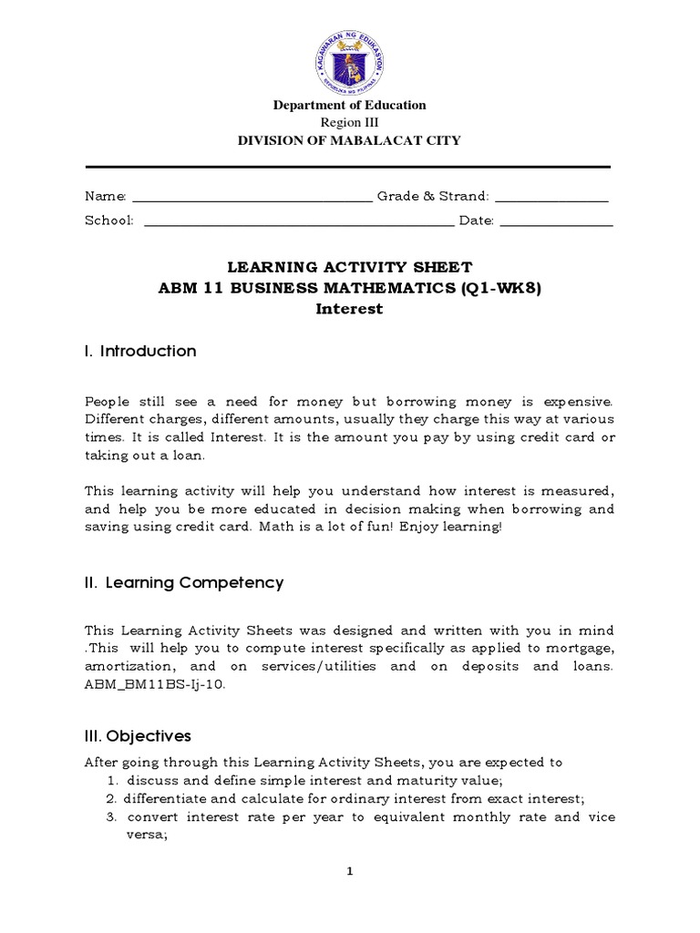 ABM11 Business Mathematics Q1 W8 | PDF | Interest | Credit