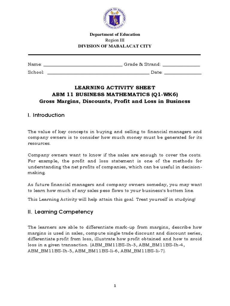 ABM11 Business Mathematics Q1 W6 | PDF | Discounting | Gross Margin