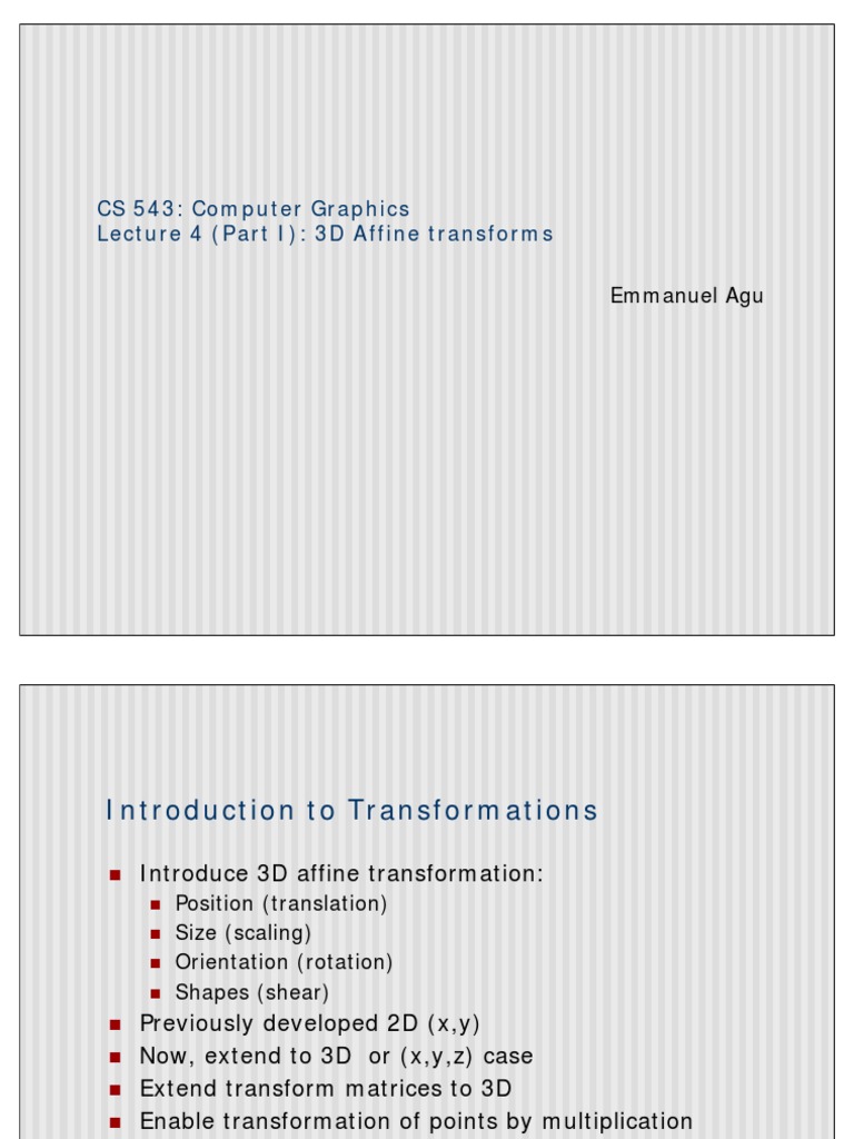 CS 543: Computer Graphics Lecture 4 (Part I) : 3D Affine Transforms | Download Free PDF ...
