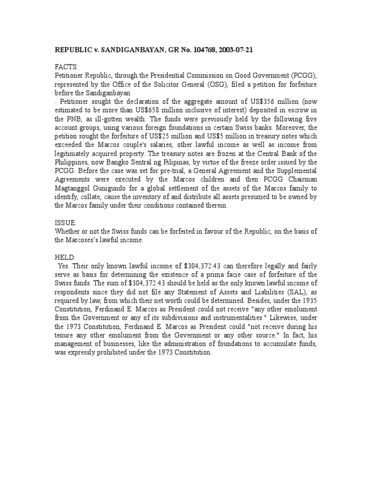 REPUBLIC V SANDIGANBAYAN - CASE DIGEST | PDF