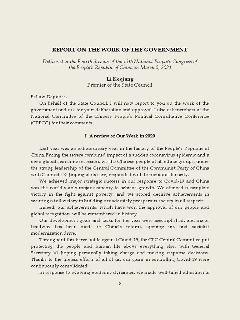 Offical Report On The Work of The Government 2021 by Premier Li Keqiang ...