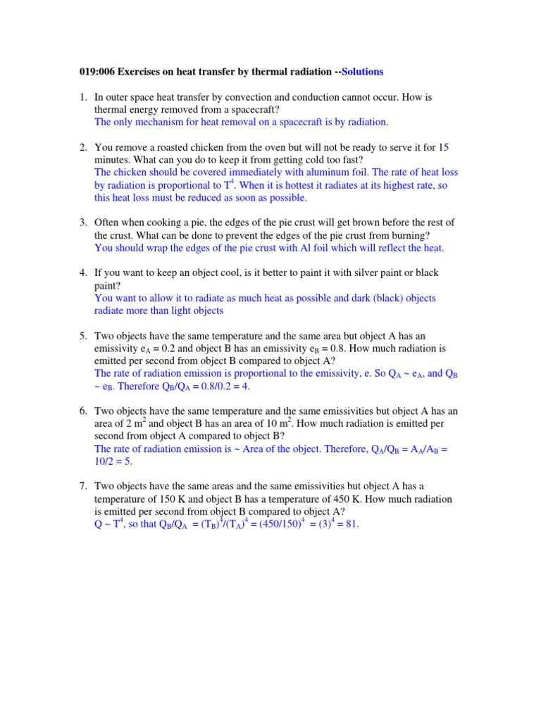 019:006 Exercises On Heat Transfer by Thermal Radiation - : Solutions ...