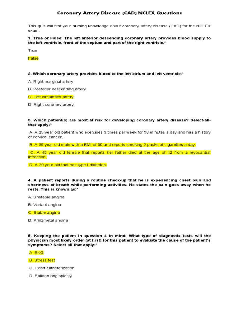 Coronary Artery Disease (CAD) NCLEX Questions | PDF | Myocardial ...