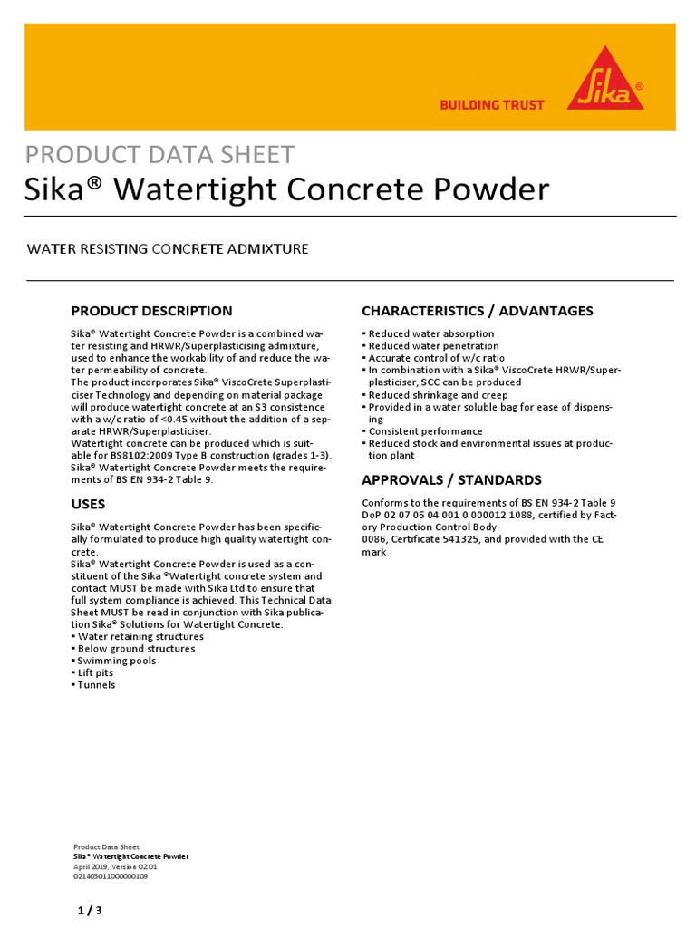 Sika Watertight Concrete Powder PDS CE | PDF | Concrete | Chemical ...