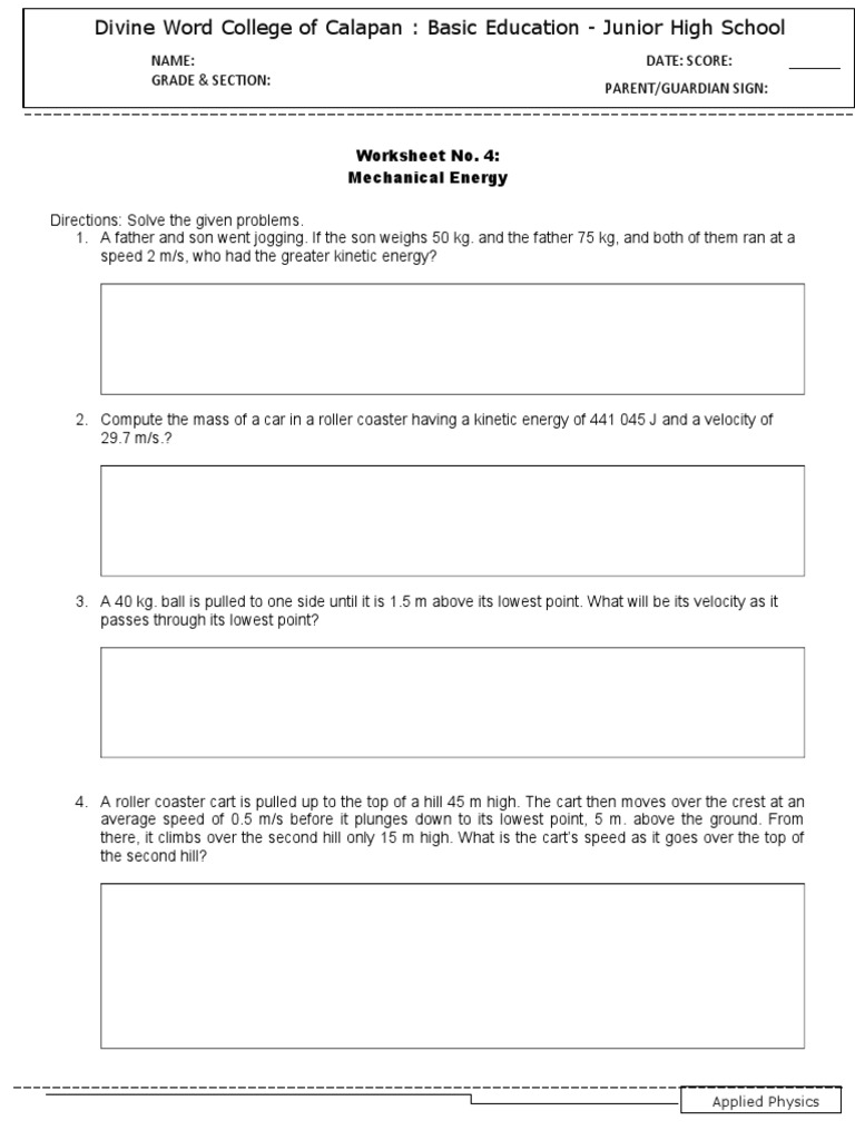 Mechanical Energy Worksheet for Students | PDF
