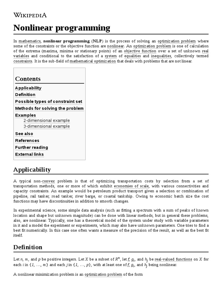 Nonlinear Programming Applicability Possible Types Of Constraint Set Methods For Solving The