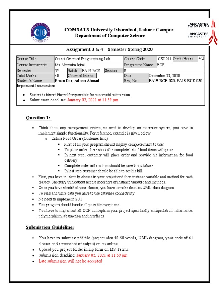 Semester Project - Assignment 3 & 4 . | PDF | Class (Computer Programming) | Object Oriented ...