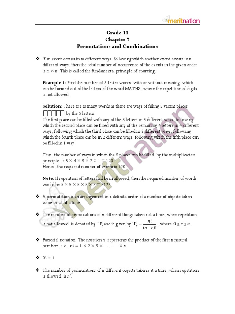 Permutations And Combinations Class Xi Pdf Permutation Numbers 8395