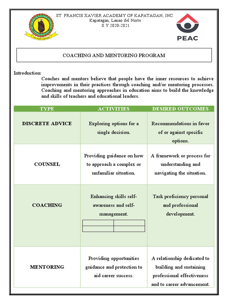 Coaching and Mentoring Program at St. Francis Xavier Academy of ...
