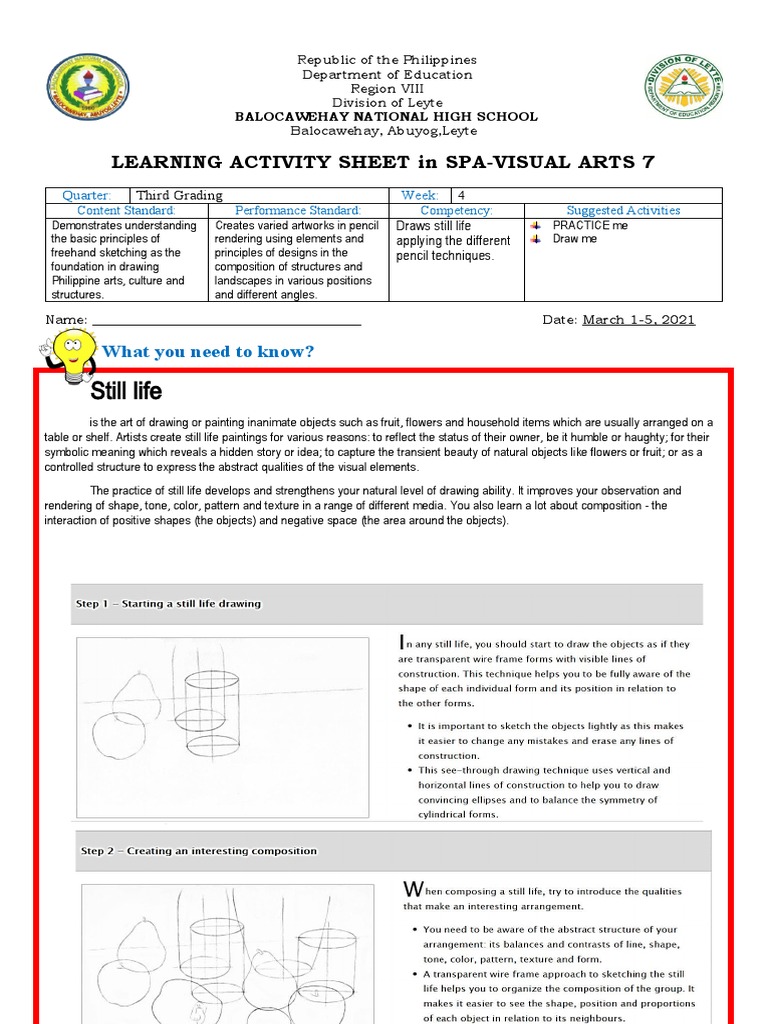 Still Life: Learning Activity Sheet in Spa-Visual Arts 7 | Download ...
