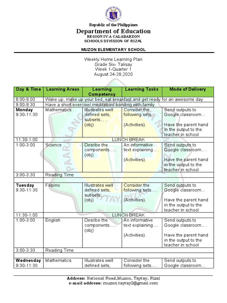 Department of Education: Day & Time Learning Areas Learning Competency ...