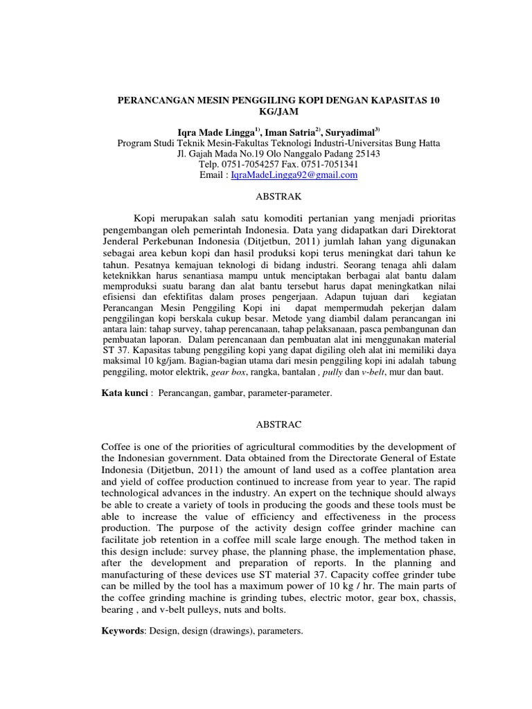 Perancangan Mesin Penggiling Kopi Dengan Kapasitas 10 Kg/Jam Iqra Made ...