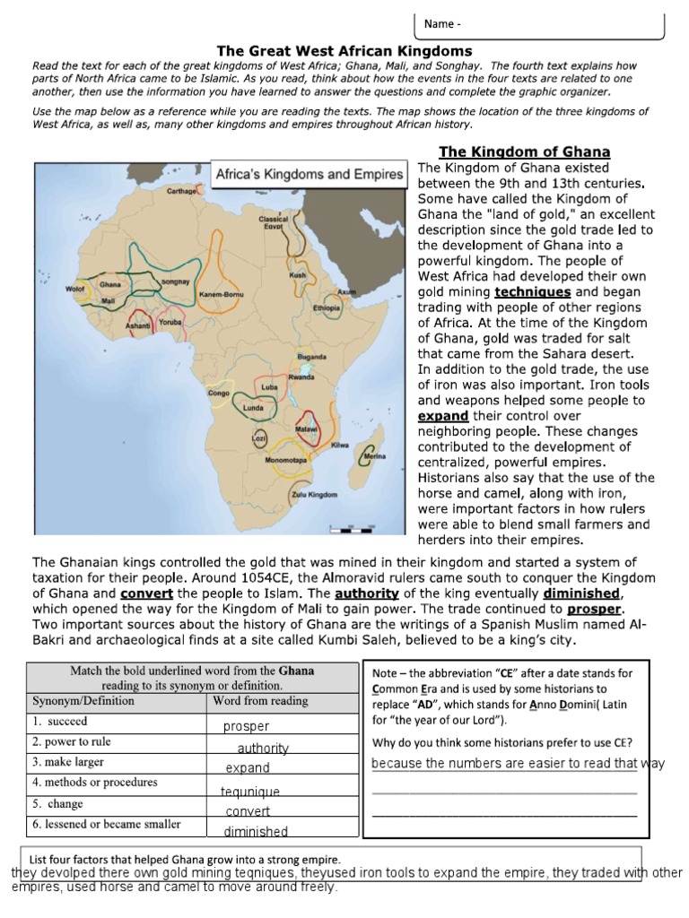 Ghana Mali and Songhai Empires Reading and Questions | PDF | Social ...