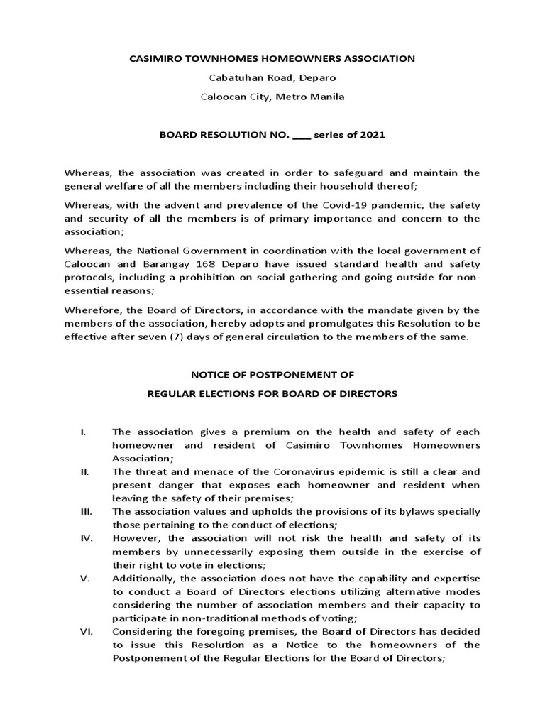 Board Resolution - Postponement of HOA Election 1.0 | PDF | Board Of ...