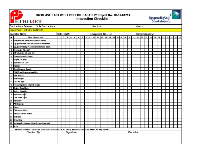 Daily Inspection Checklist For Diesel Tanker | PDF