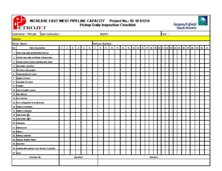 Daily Inspection Checklist For Pickup | PDF
