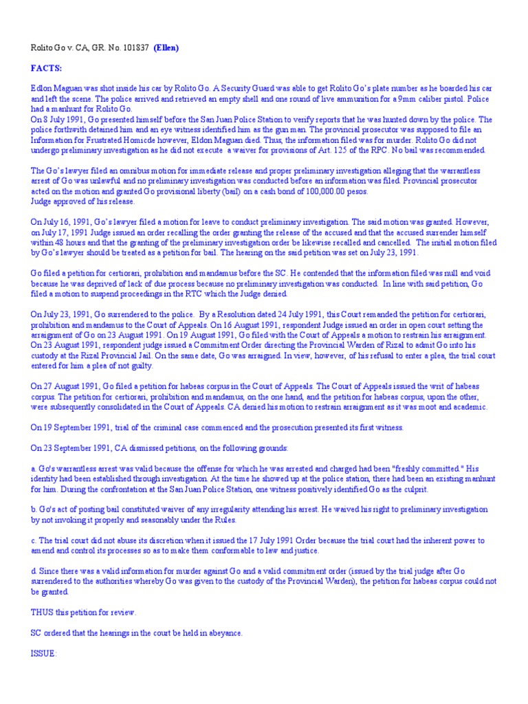 Rolito Go v. CA, GR. No. 101837: (Ellen) Facts | PDF | Bail | Arrest