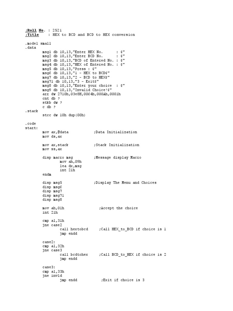 Converting Between Hexadecimal and Binary Coded Decimal Through Assembly Language Procedures ...