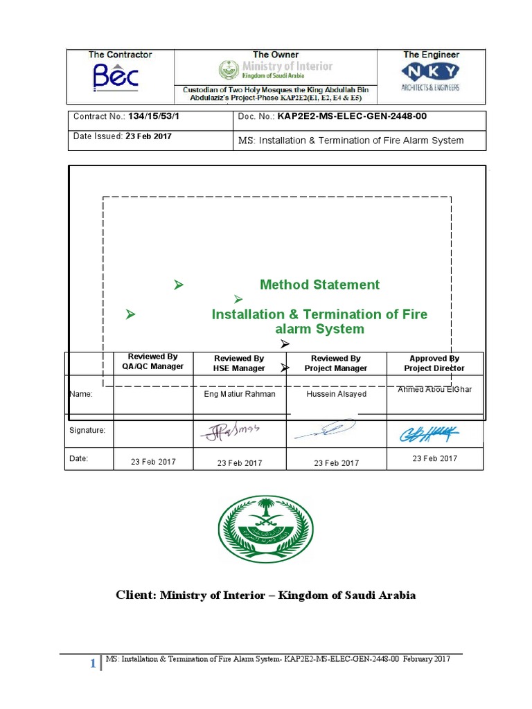 Method Statement: Installation and Termination of Fire Alarm System for the King Abdullah ...