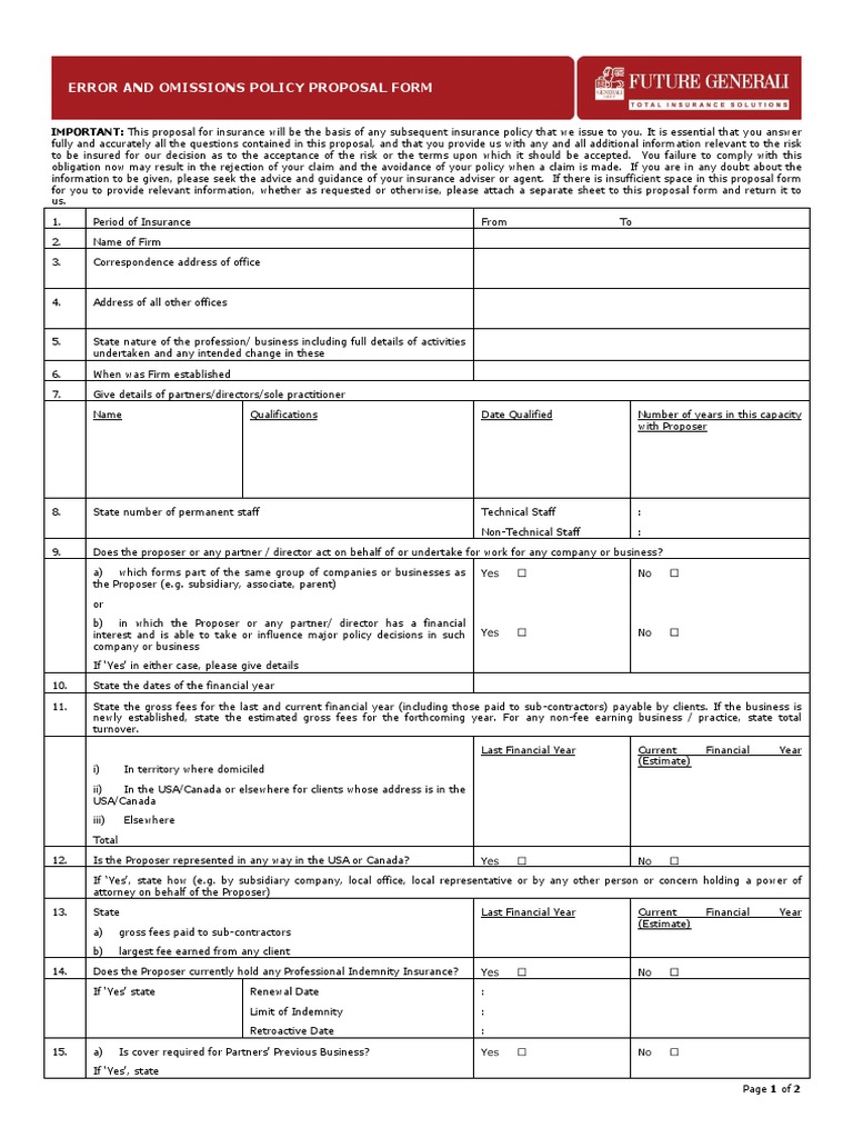 Error and Omissions Policy Proposal Form | PDF | Tax Refund | Insurance