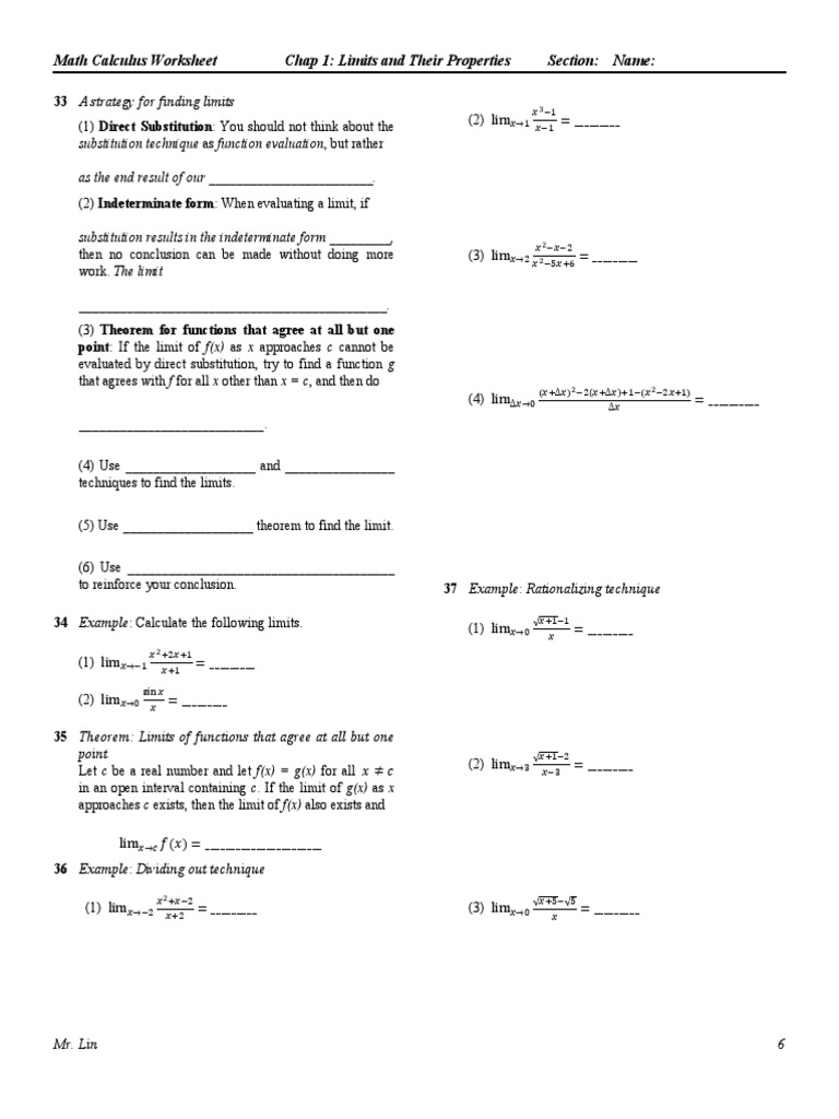 Math Calculus Worksheet Chap 1: Limits and Their Properties Section | PDF | Functions And ...