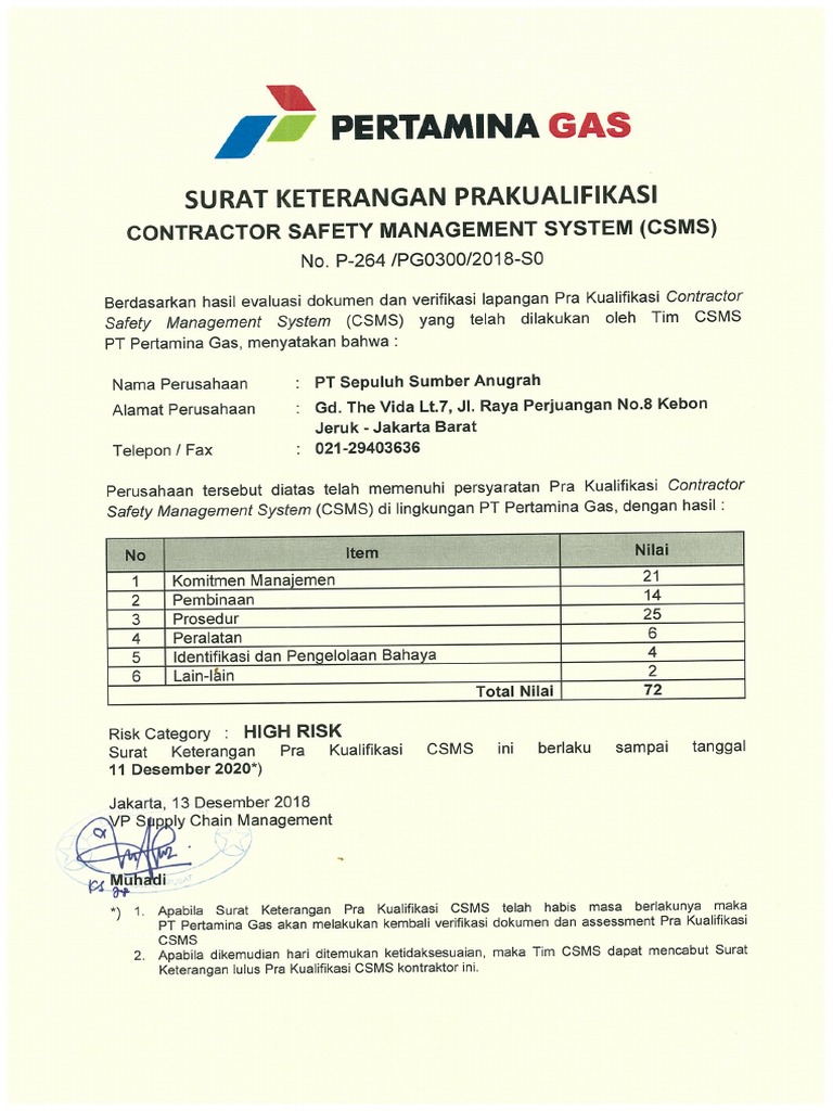Sertifikat CSMS Pertamina Gas | PDF
