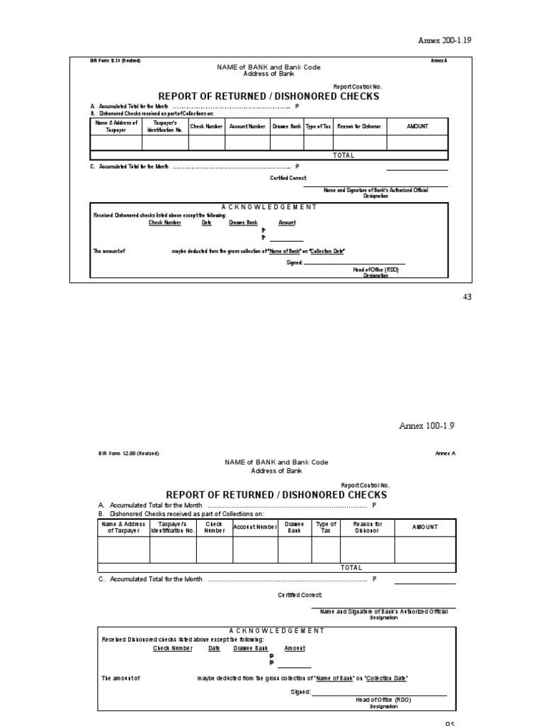 Report of Returned / Dishonored Checks: NAME of BANK and Bank Code ...