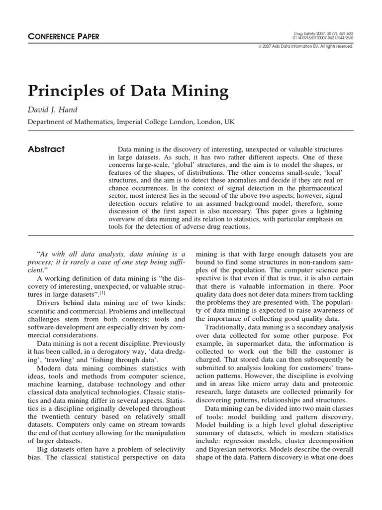Hand2007 - Article - Principles Ofs DataMining | PDF | Data Mining | Statistics