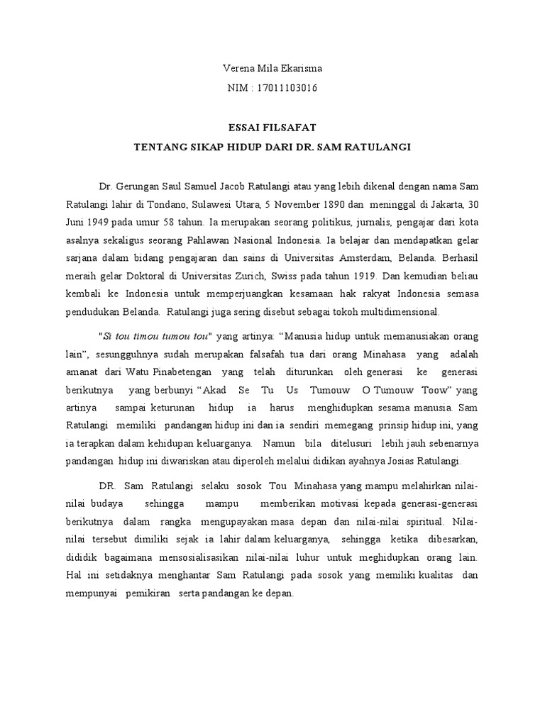 Essai Filsafat Sikap Hidup Sam Ratulangi - Verena Mila Ekarisma - 17011103016 | PDF