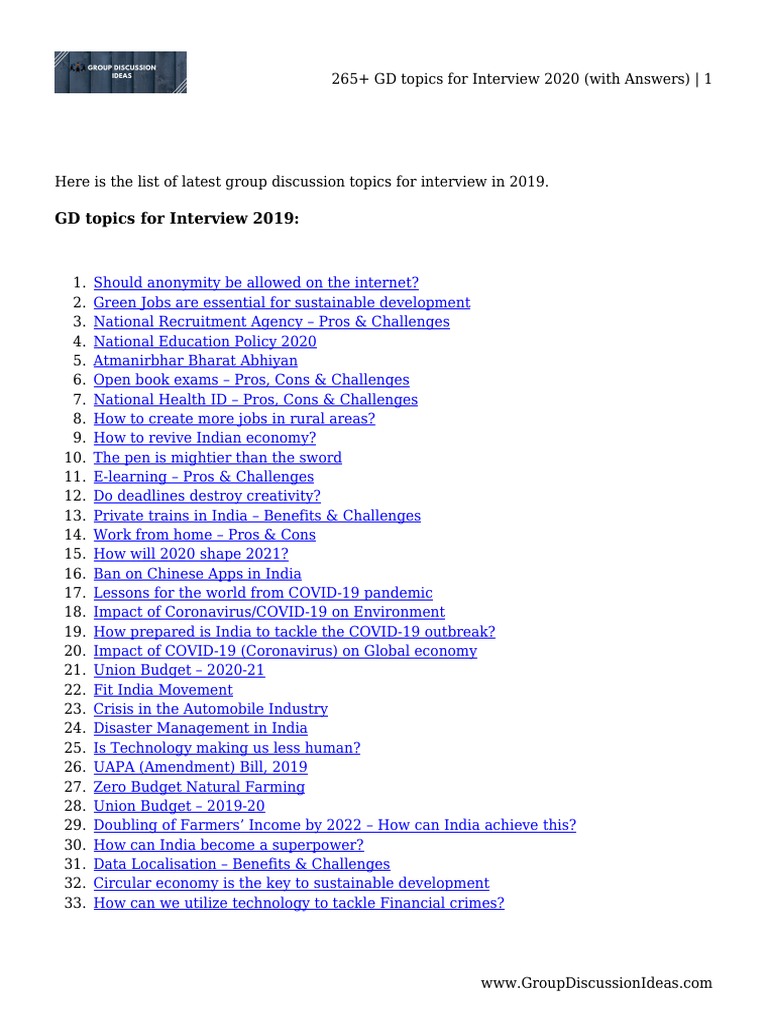 265+ GD Topics For Interview 2020 (With Answers) | PDF | Economy Of ...