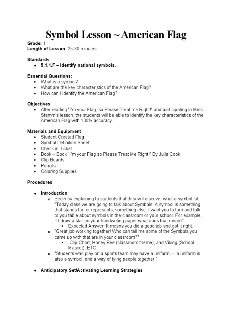 Symbol Lesson Plan Flag | PDF | Flag Of The United States | Classroom