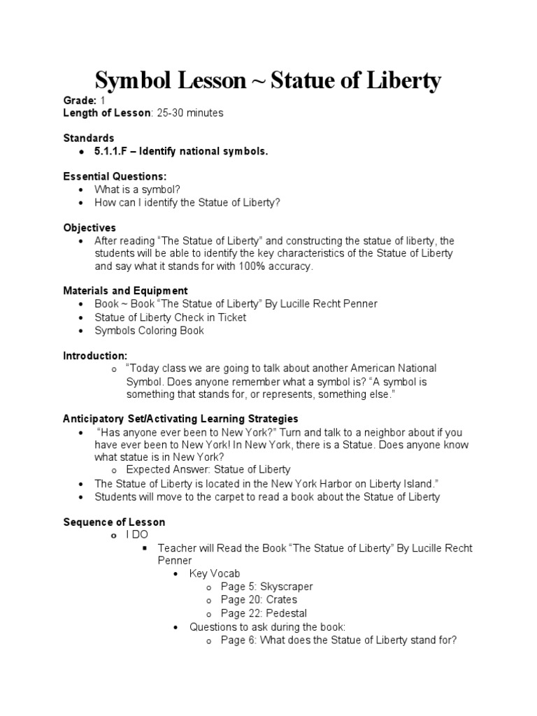 Statue of Liberty Symbol Lesson | PDF | Cognition | Teaching