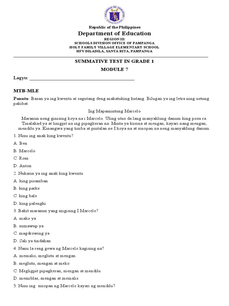 Grade 1 Quarter 2 Summative Test Module 7 | PDF