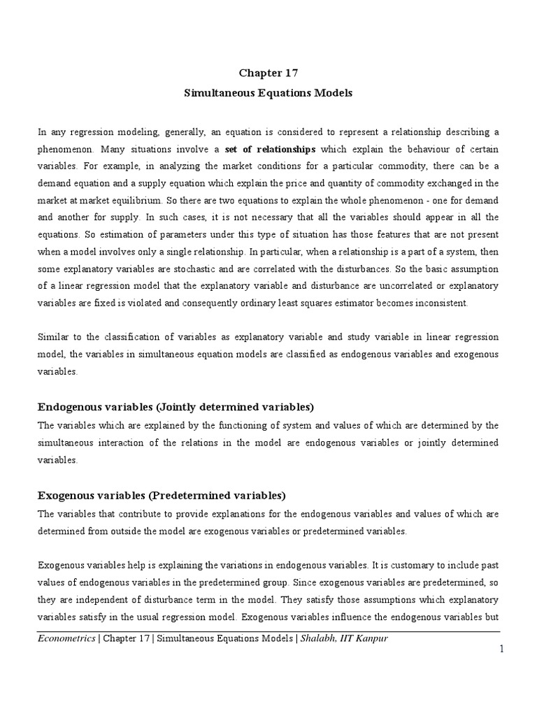 Econometrics - Chapter 17 - Simultaneous Equations Models - Shalabh ... Econometrics - Chapter 17 - Simultaneous Equations Models - Shalabh ...
