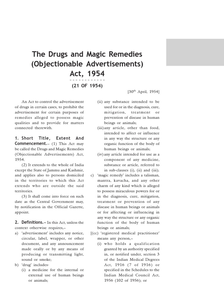 Drugs & Magic Remedies (Objectionable Advertisements) Act, 1954 and ...