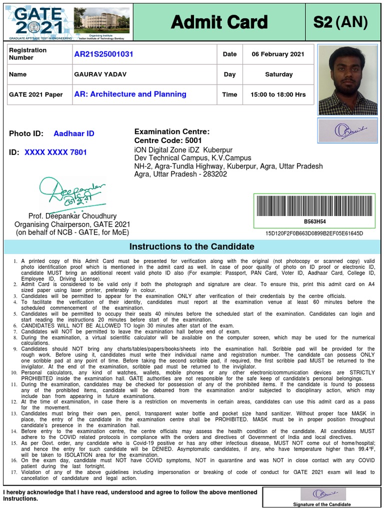 Admit Card: Instructions To The Candidate | PDF | Test (Assessment ...