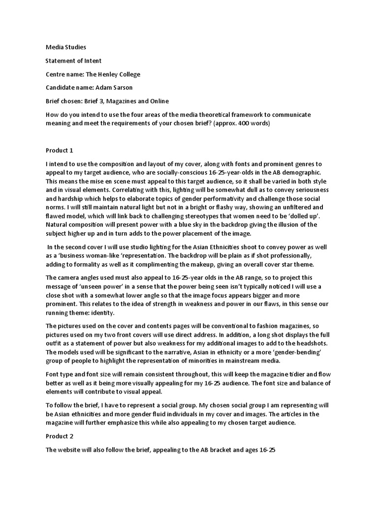 Statement of Intent Official | PDF | Magazines | Gender