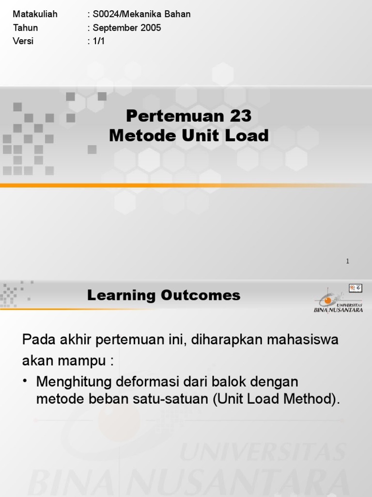 Pertemuan 23 Metode Unit Load: Matakuliah: S0024/Mekanika Bahan Tahun ...