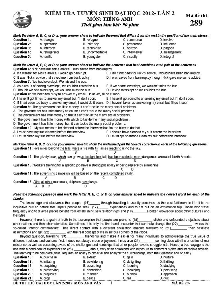 (123doc) - Thi-Thu-Da-I-Ho-C-Anh-La-N-2-Nam-2012-Thpt-Gia-Di-Nh-Ma-De-289 | PDF | Tsunami | Slang