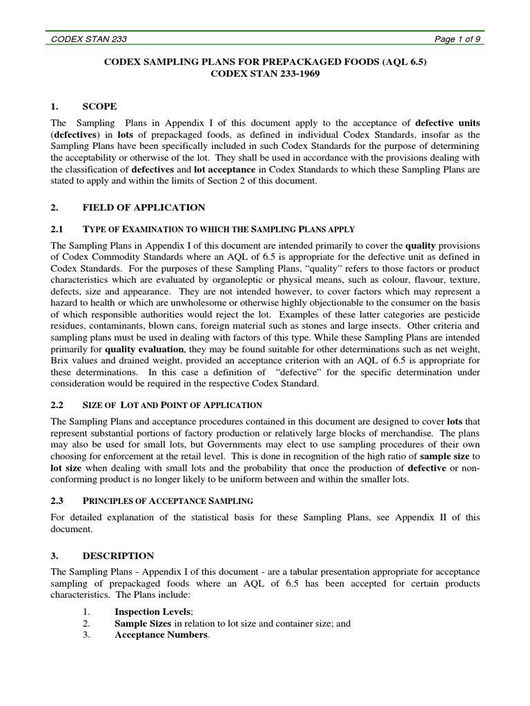 Codex Stan 233-1969 Codex Sampling Plans For Prepackaged Foods (Aql 6.5 ...